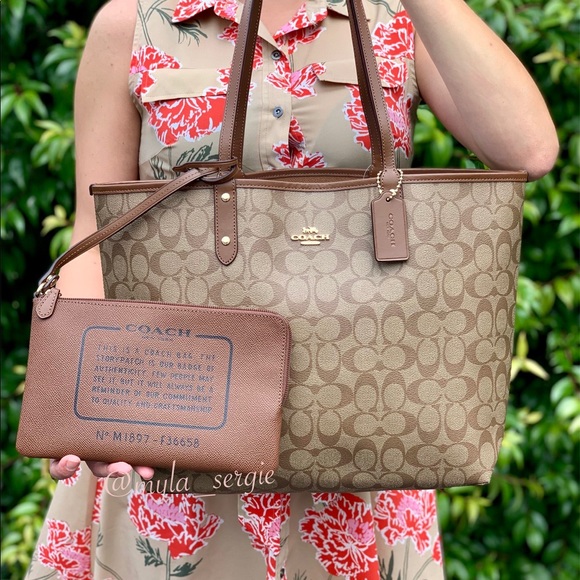 Coach | Bags | Coach Signature Reversible Pvc Brown Khaki Tote | Poshmark